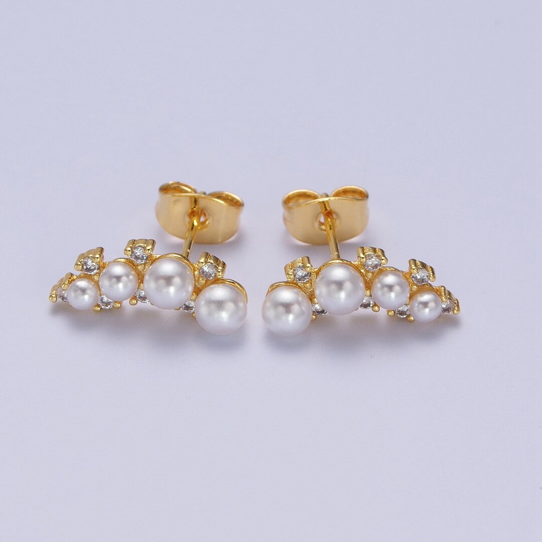 White Pearls Arc Design 24K Gold Filled Stud Earrings With Clear CZ ...