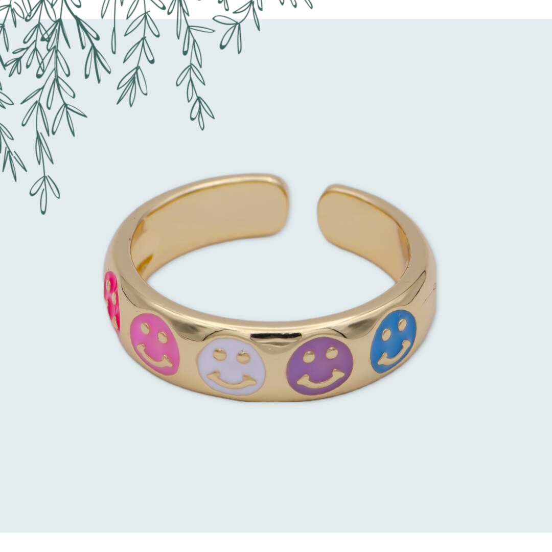 Multicolor Smiley Face Pattern Design Stack Ring, Colored Enamel, Thin ...