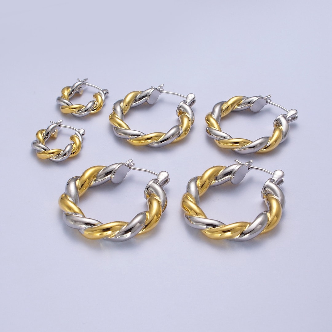 Intertwining Gold and Silver Design Hoop Earrings, Two Tone Mixed Metal ...