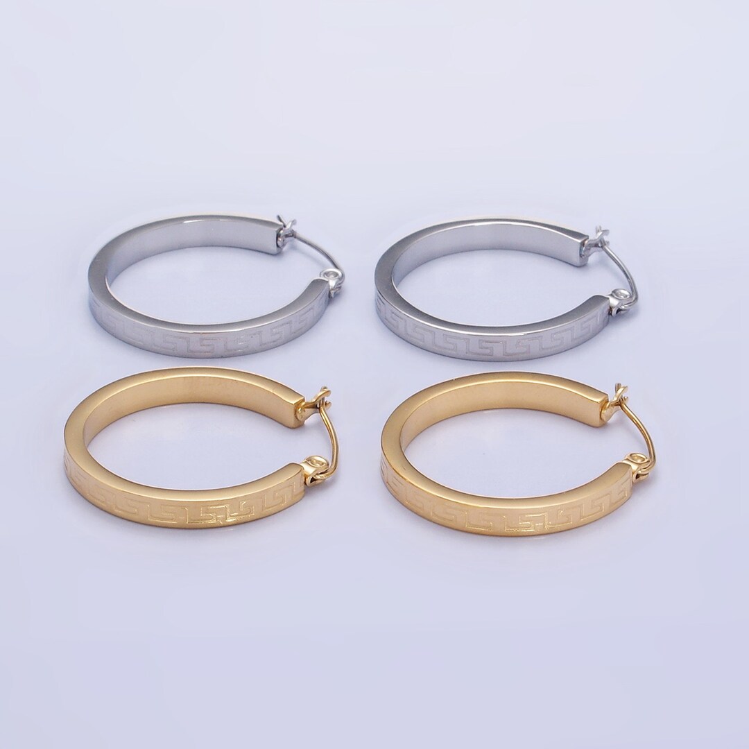 Aztec Pattern Hoop Earrings, Latch Back Fastening, Geometric 14K Gold ...