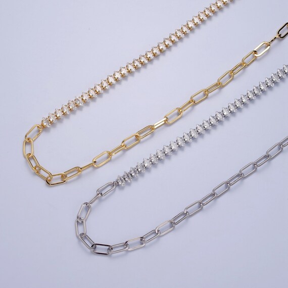 Half Cable Half Tennis Chain Fusion Necklace Gold or Silver 24K or White Gold Filled Clear Marquise Cut CZ 16 Inches and 2 Inch Extender Etsy Canada