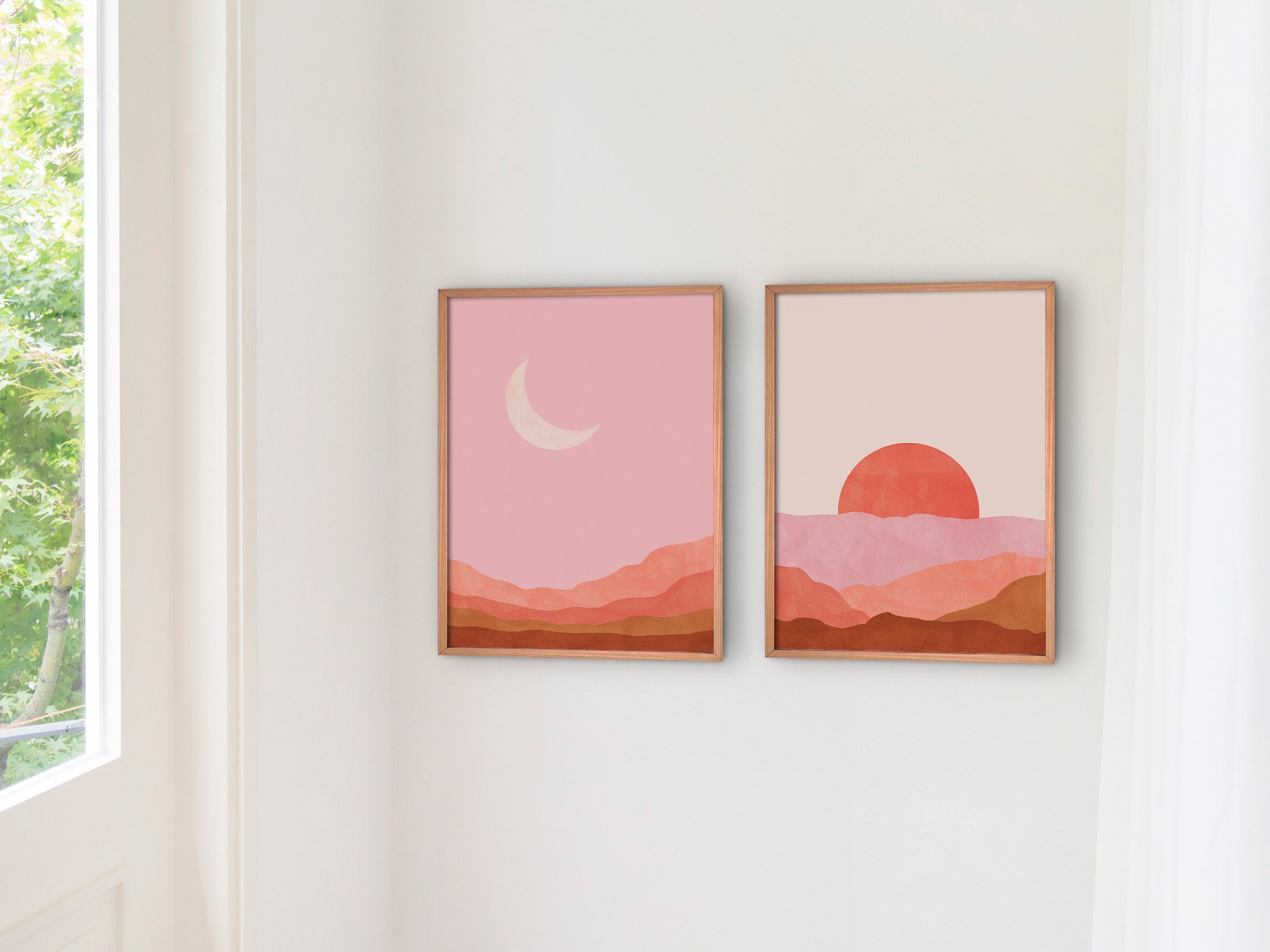Boho Sun and Moon Wall Art Printable Set of 2 Abstract Landscape Mid ...