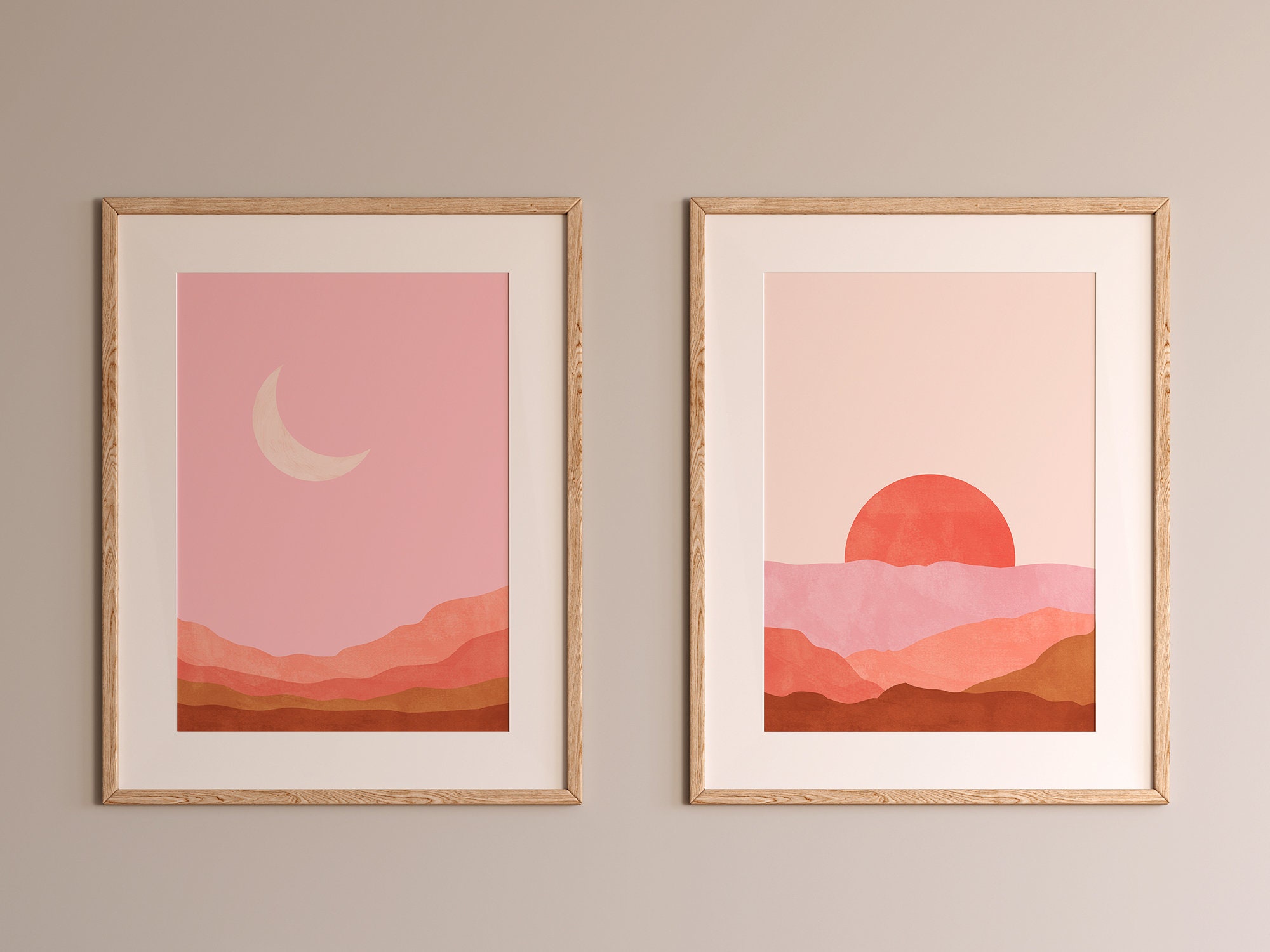 Boho Sun and Moon Wall Art Printable Set of 2 Abstract Landscape Mid ...