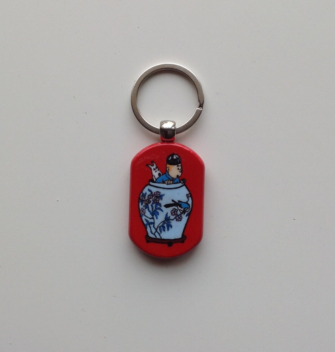 Key Ring, Tintin Key Ring, the Blue Lotus, Wooden, Handmade Drawing ...