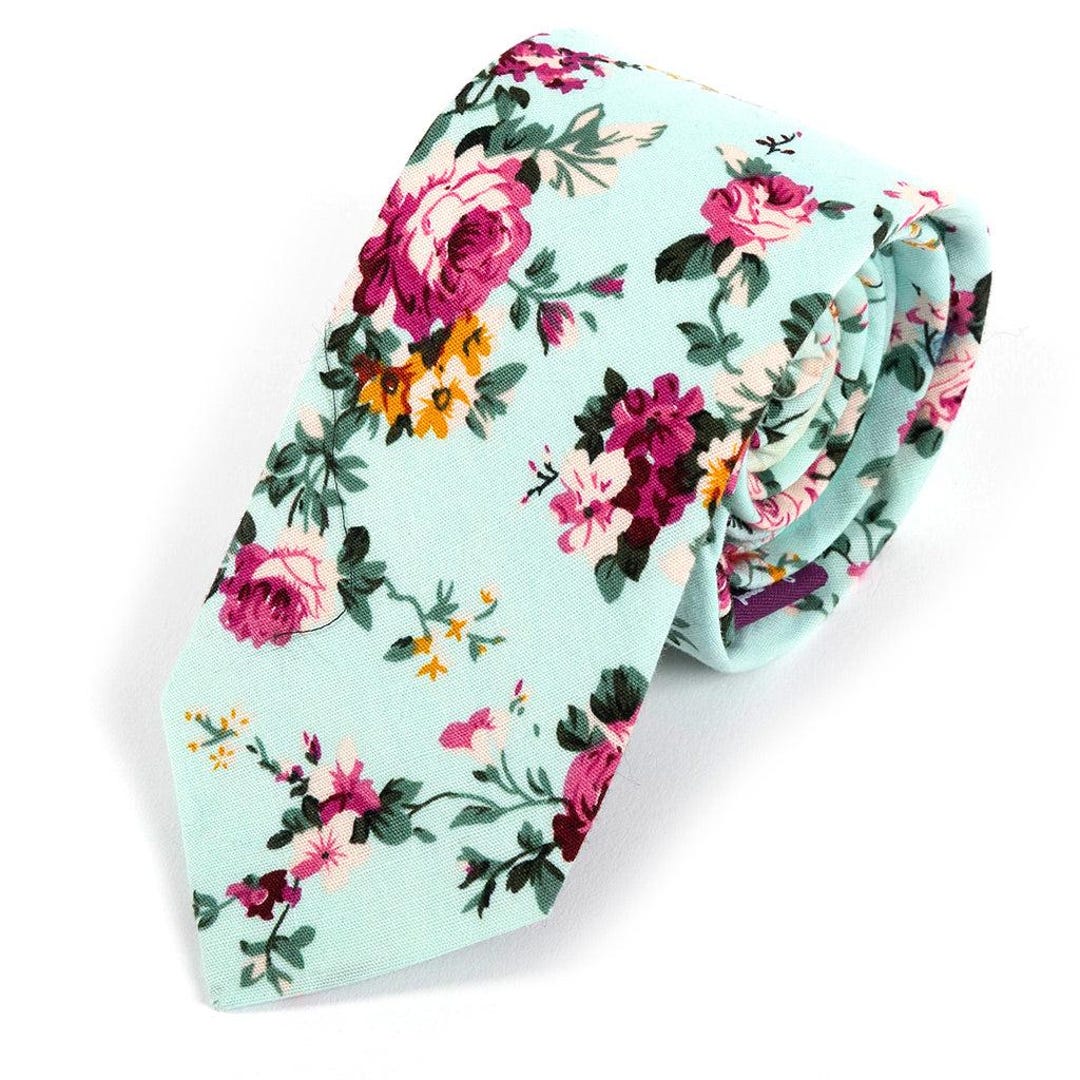 Blue Pastel Rose Floral Slim Cotton Tie - Etsy