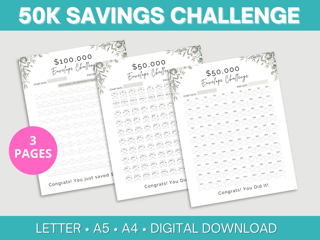 50K Savings Challenge Printable: 100 Envelope Tracker (digital Download ...