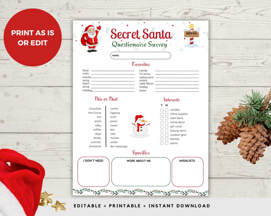 Secret Santa Questionnaire Printable | Christmas Gift Exchange Survey ...