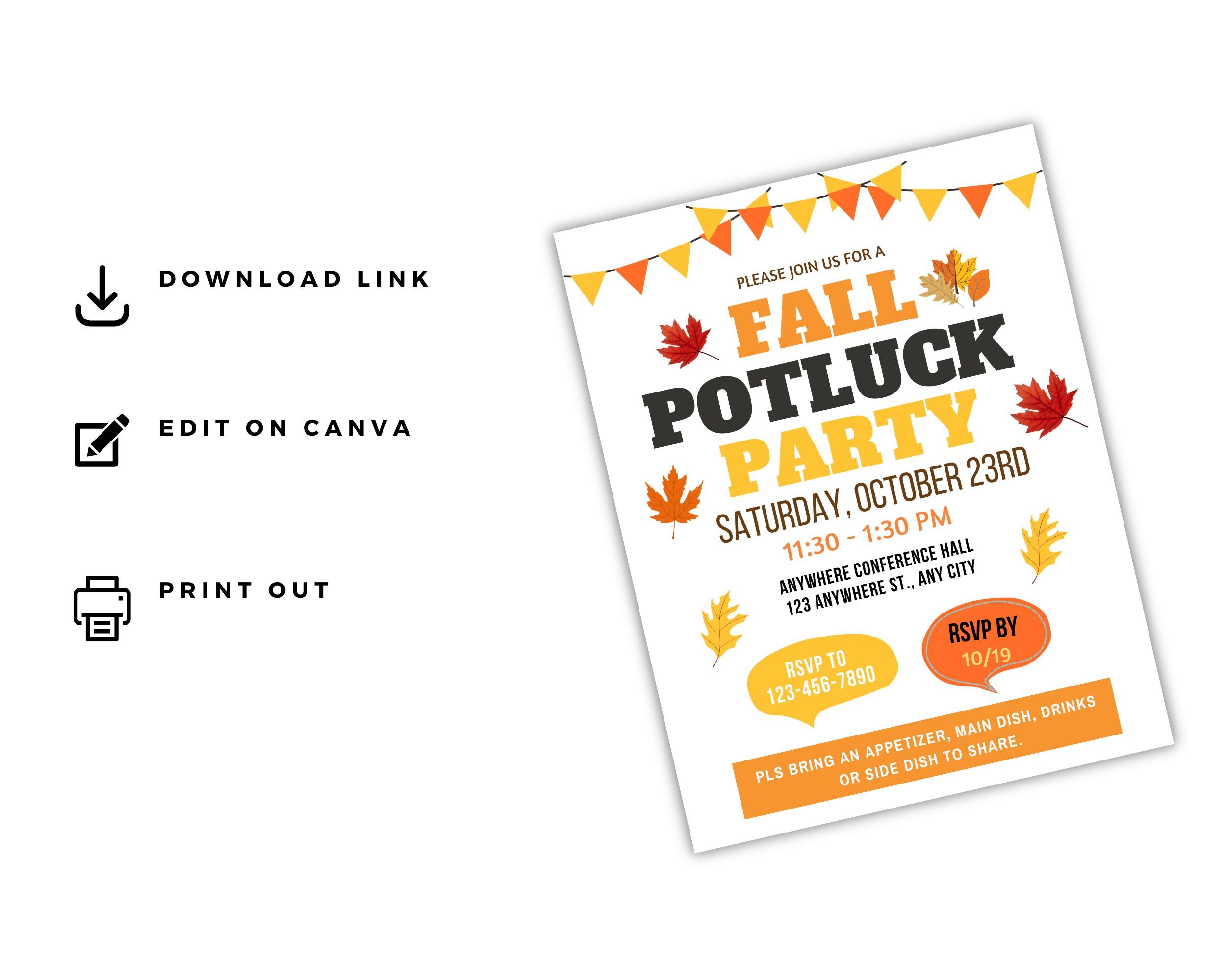 Editable Fall Potluck Flyer Template, Autumn Luncheon Invite Printable ...