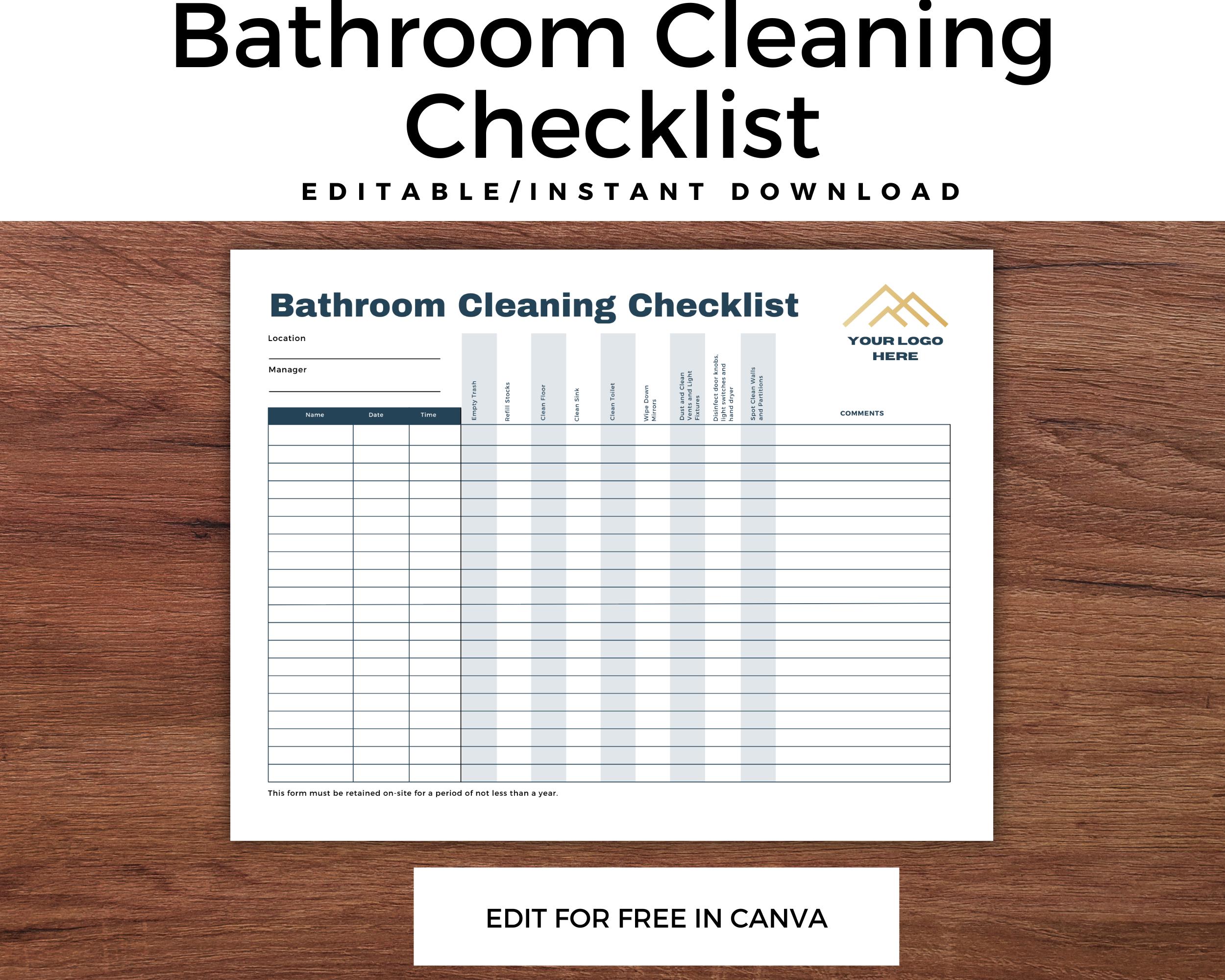 Editable Bathroom Cleaning Checklist for Commercial Business, Restroom ...