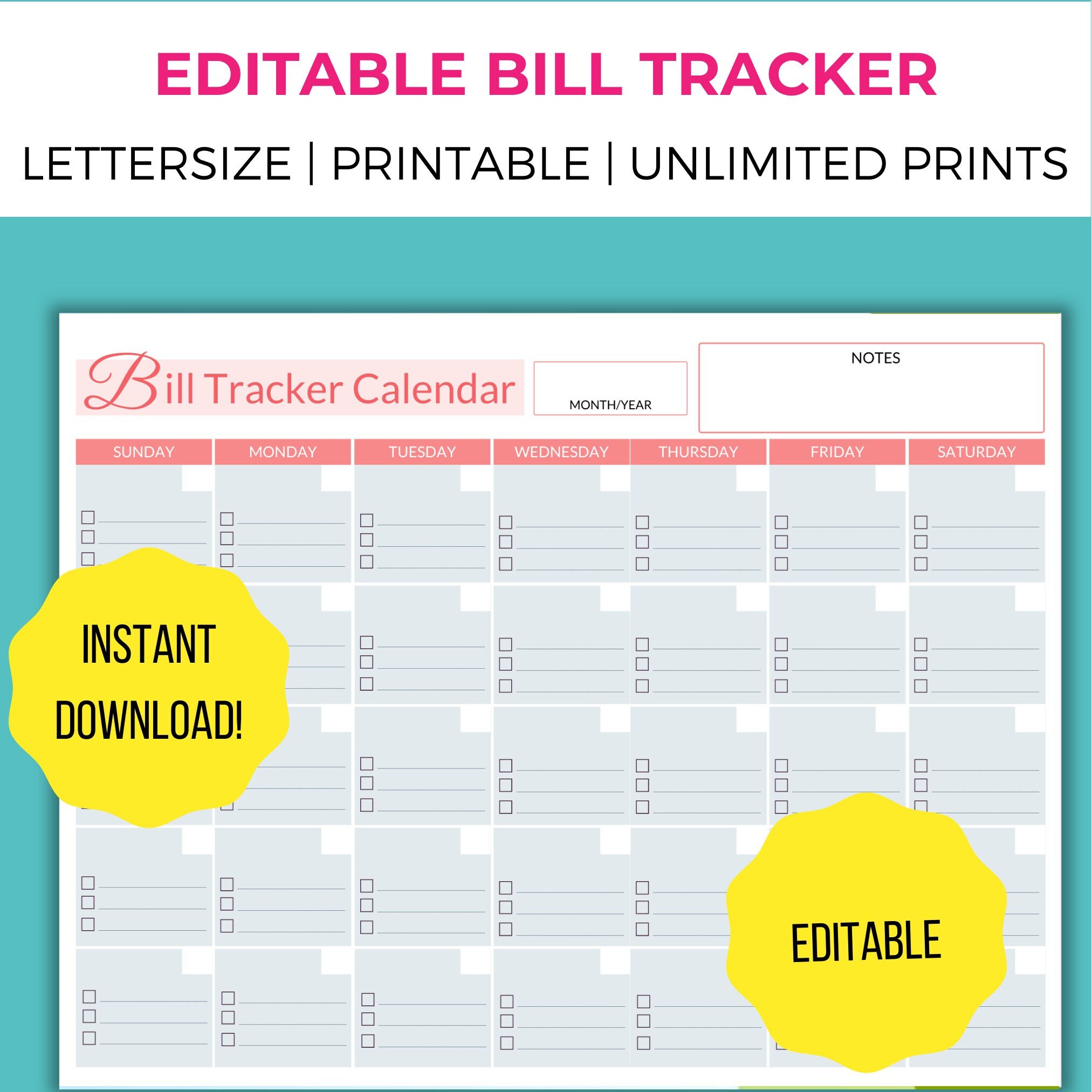 Editable Bill Payment Tracker Calendar, Monthly Bill Tracker, Bill ...