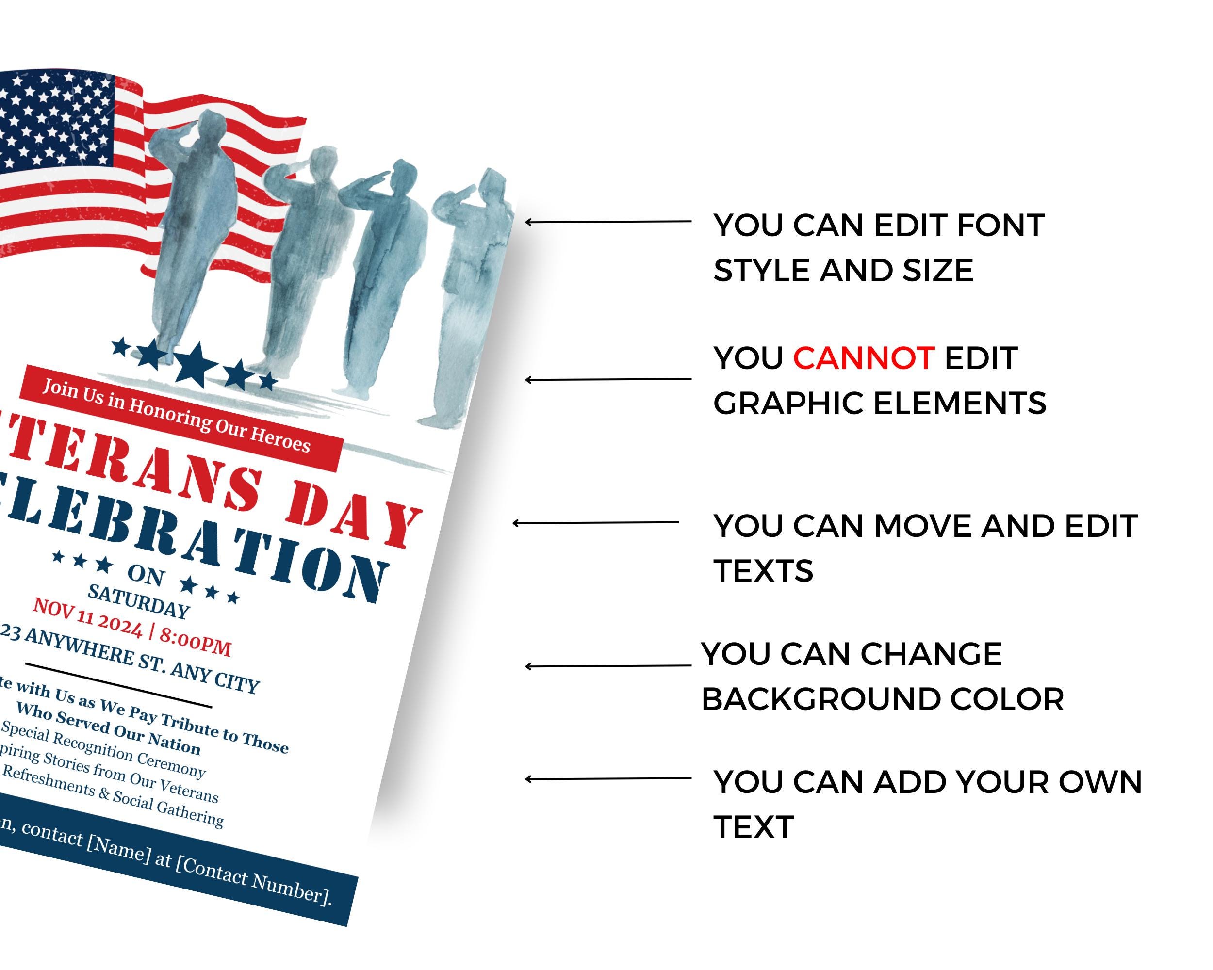 Editable Veteran's Day Flyer Template: Celebration Event Invite (PDF ...
