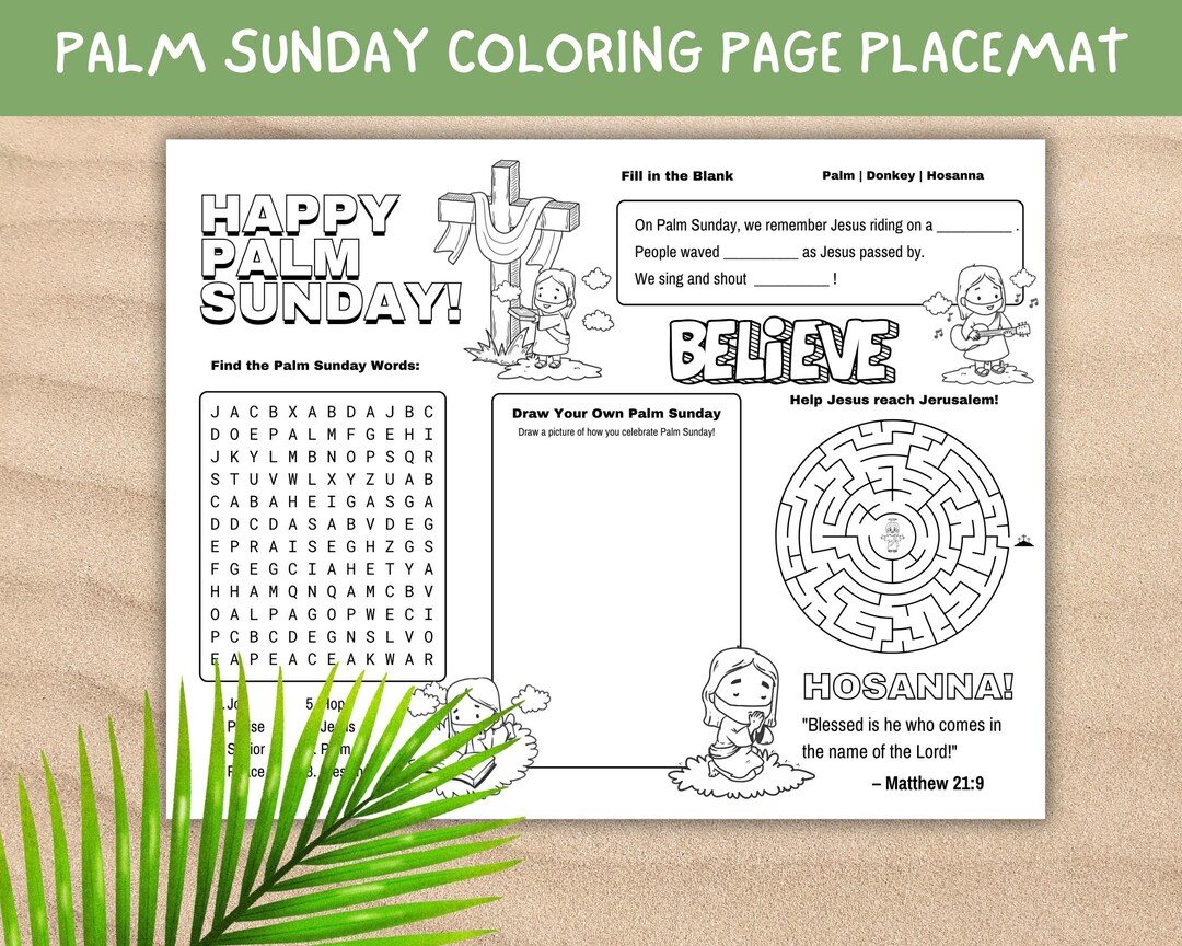 Palm Sunday Coloring Page Placemat, Holy Week Printable Paper Placemat ...