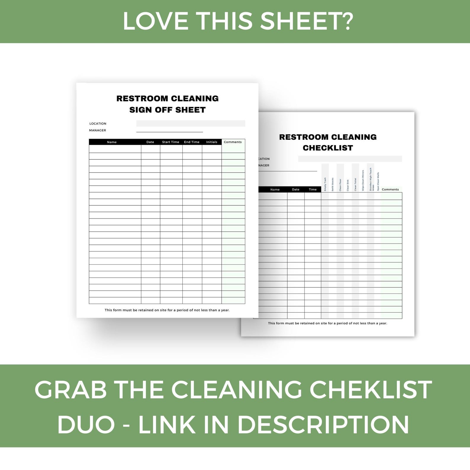 Editable Restroom Checklist | Bathroom Cleaning Log PDF | Toilet ...