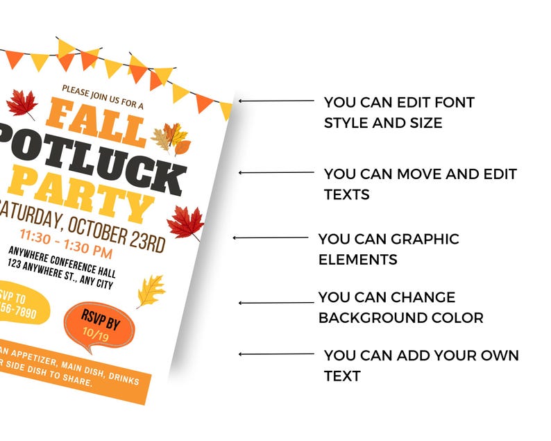 Editable Fall Potluck Flyer Template, Autumn Luncheon Invite Printable ...