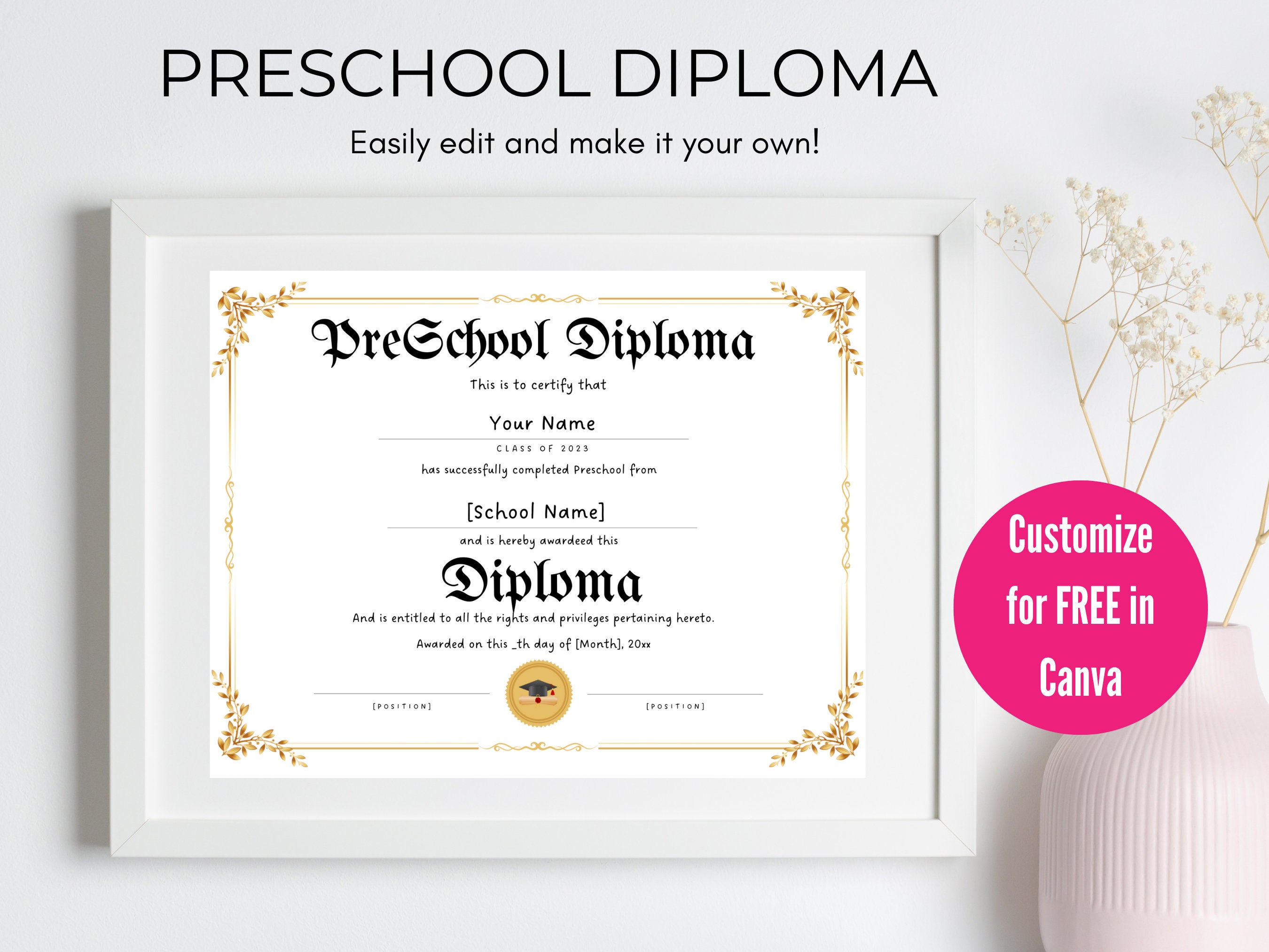 Editable Preschool Diploma | Editable Preschool Certificate ...