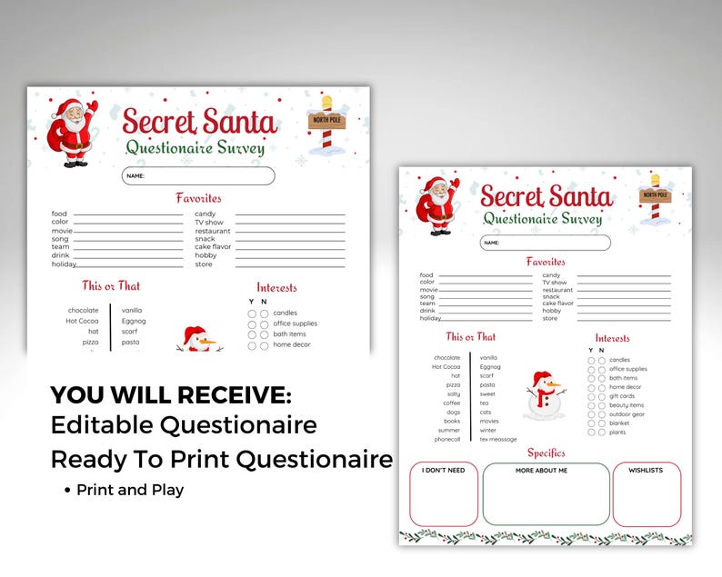 Secret Santa Questionnaire Printable | Christmas Gift Exchange Survey ...