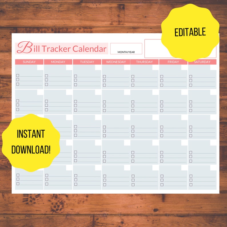 Editable Bill Payment Tracker Calendar: Printable Monthly Bill ...