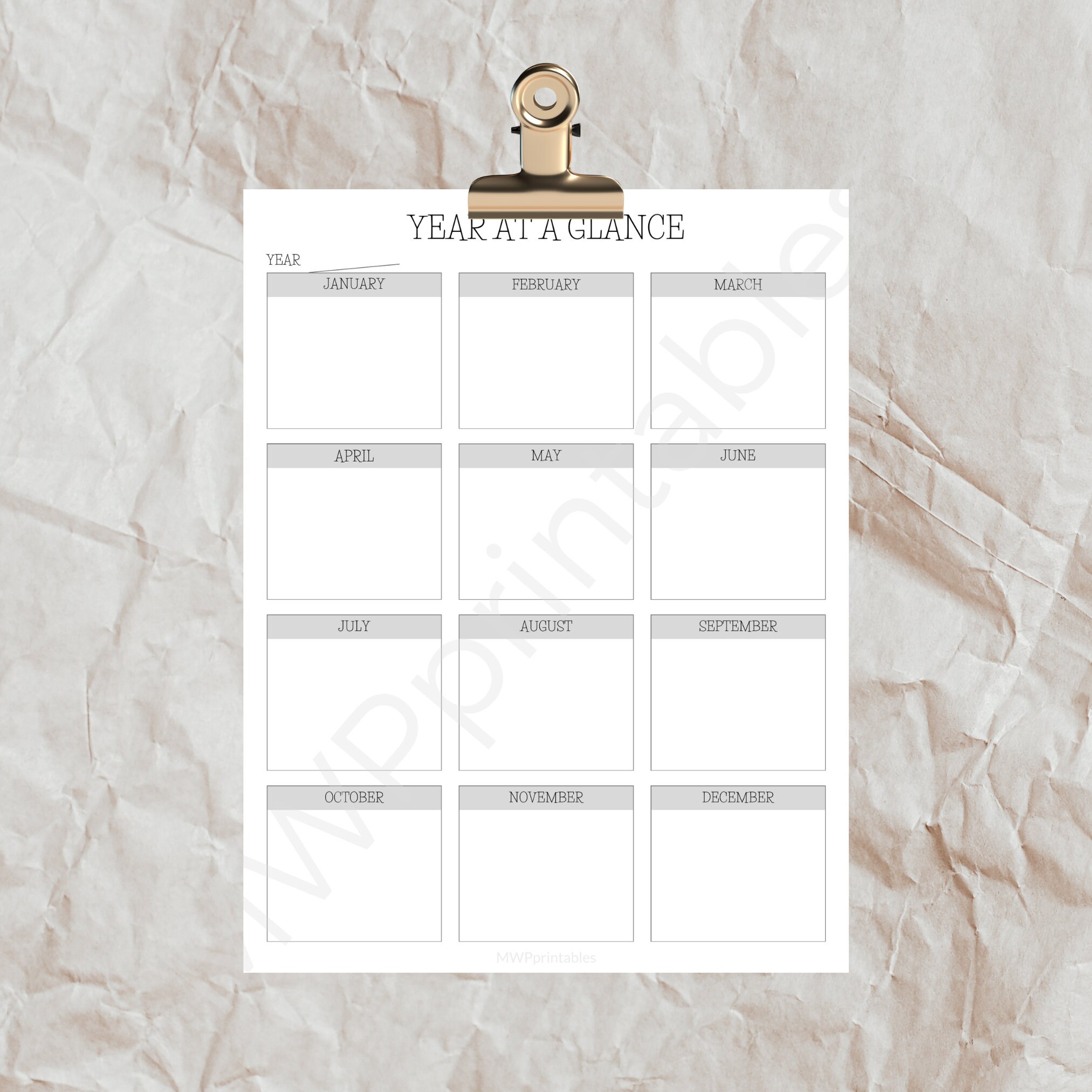 Year at A Glance Calendar Printable, Yearly Review, 12 Month Calendar ...