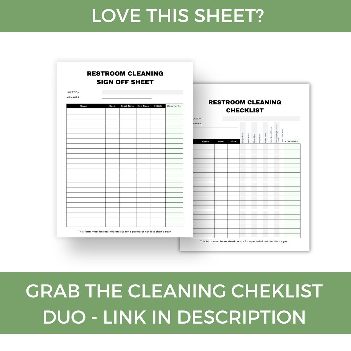 Editable Restroom Cleaning Sign off Sheet | Restroom Checklist ...