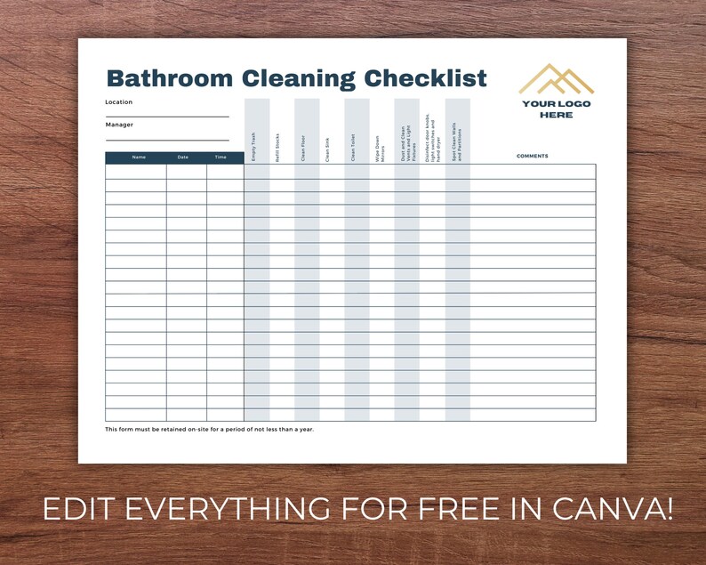 Editable Bathroom Cleaning Checklist for Commercial Business, Restroom ...