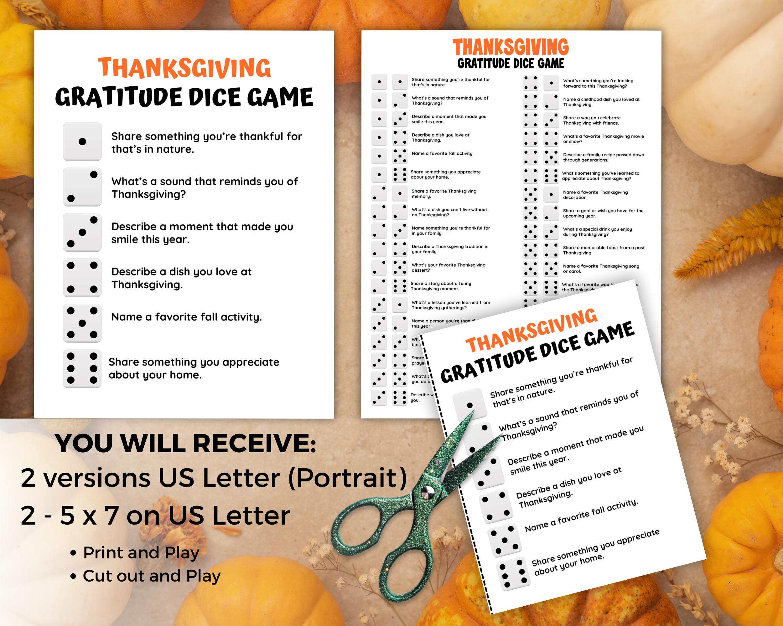 Gratitude Dice Game Printable, Thankful Dice Game, Thanksgiving Games ...