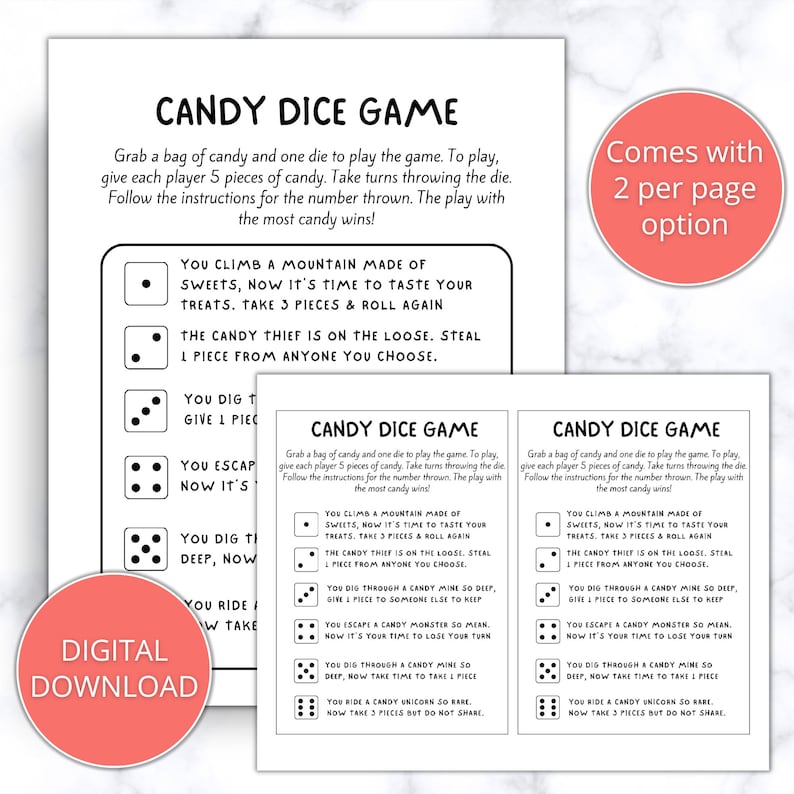 Candy Dice Game Printable, Dice Game for Kids, Family Game Night, Fall ...