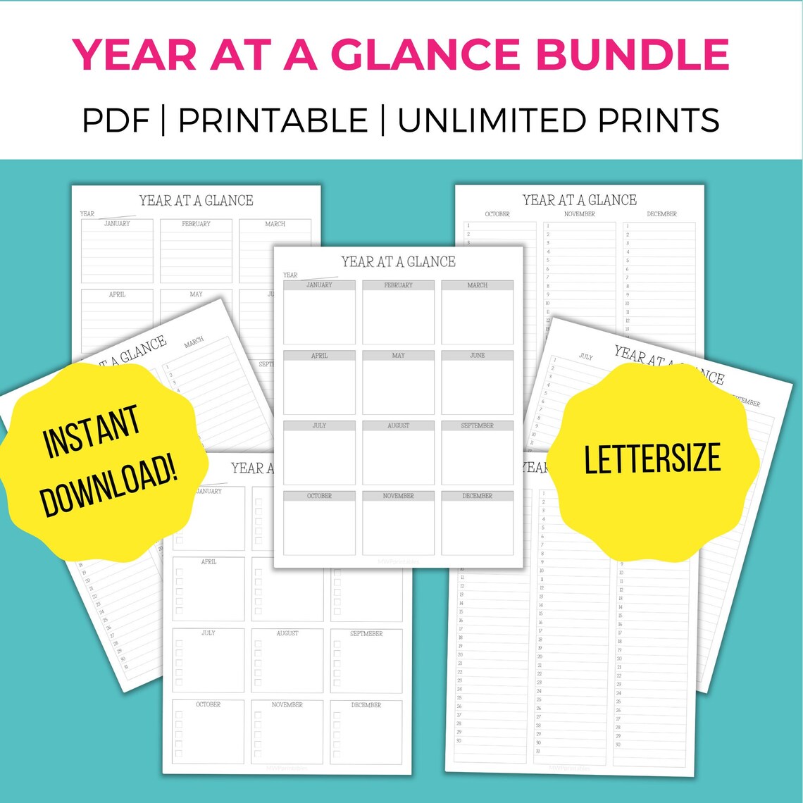Year at A Glance Calendar Printable, Yearly Review, 12 Month Calendar ...