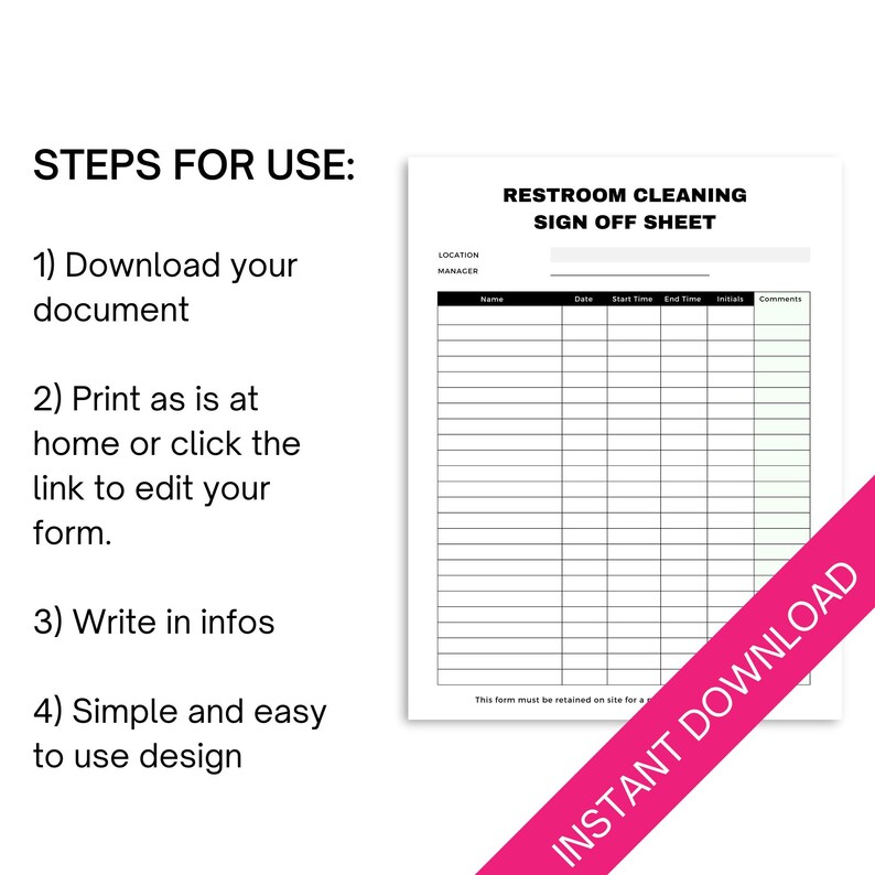 Editable Restroom Cleaning Sign off Sheet | Restroom Checklist ...