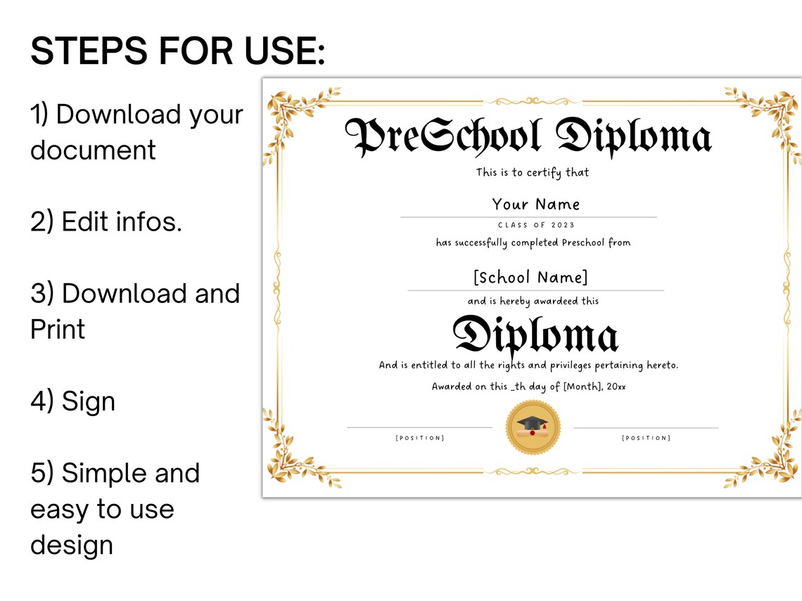 Editable Preschool Diploma Editable Preschool Certificate Graduation ...