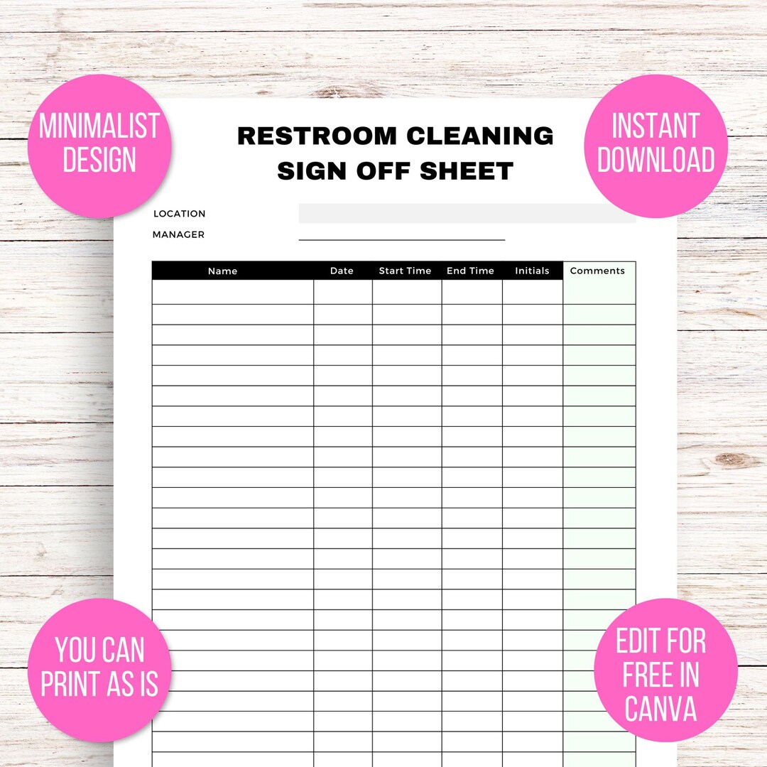 Editable Restroom Cleaning Sign off Sheet | Restroom Checklist ...