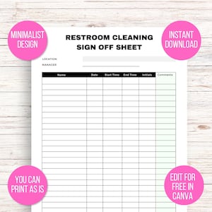 Editable Restroom Cleaning Sign off Sheet: Printable Checklist (digital ...