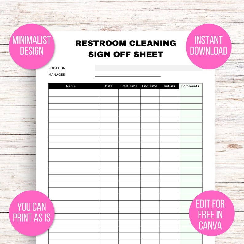 Editable Restroom Cleaning Sign off Sheet | Restroom Checklist ...
