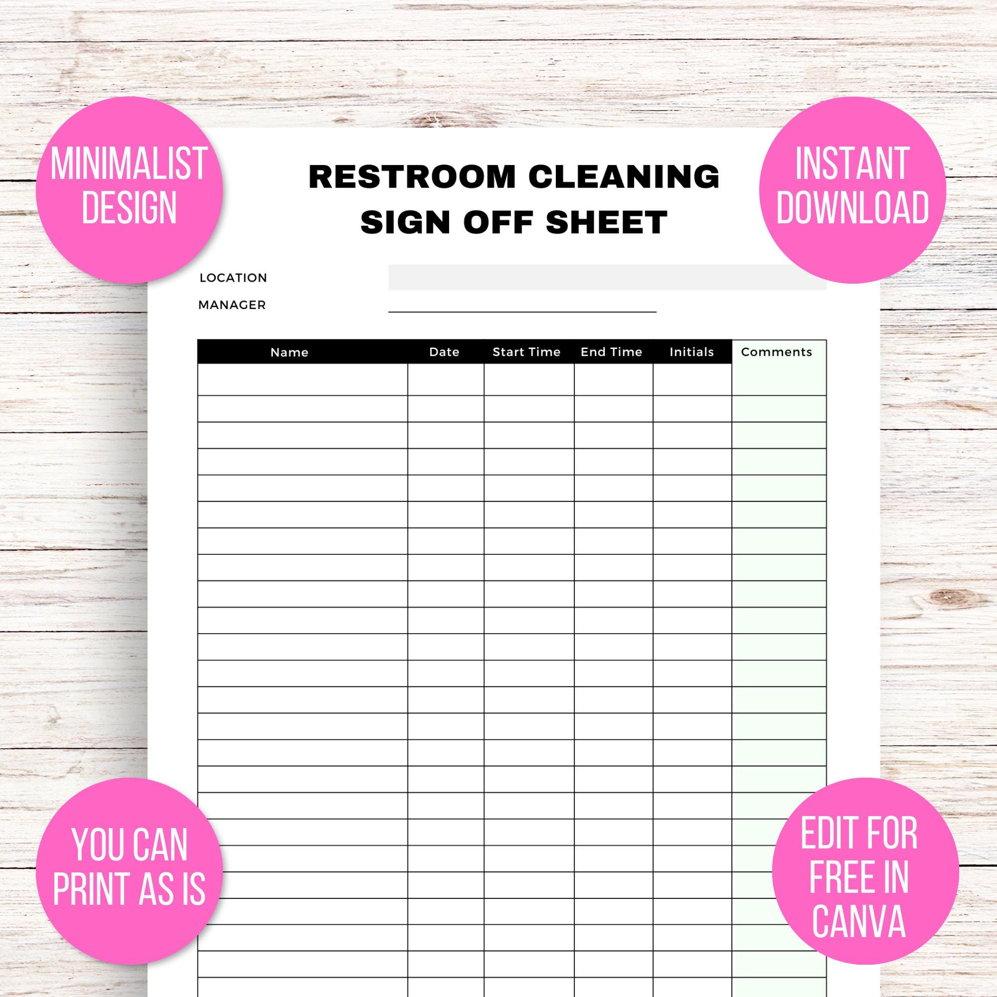 Editable Restroom Cleaning Sign off Sheet | Restroom Checklist ...
