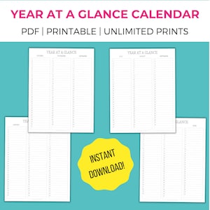 Year at A Glance Calendar Printable, Yearly Review, 12 Month Calendar ...
