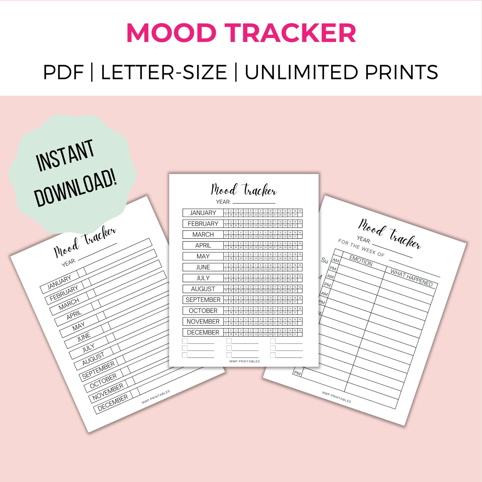 Printable Mood Tracker, PDF, Weekly Mood, Daily Tracker, Monthly ...