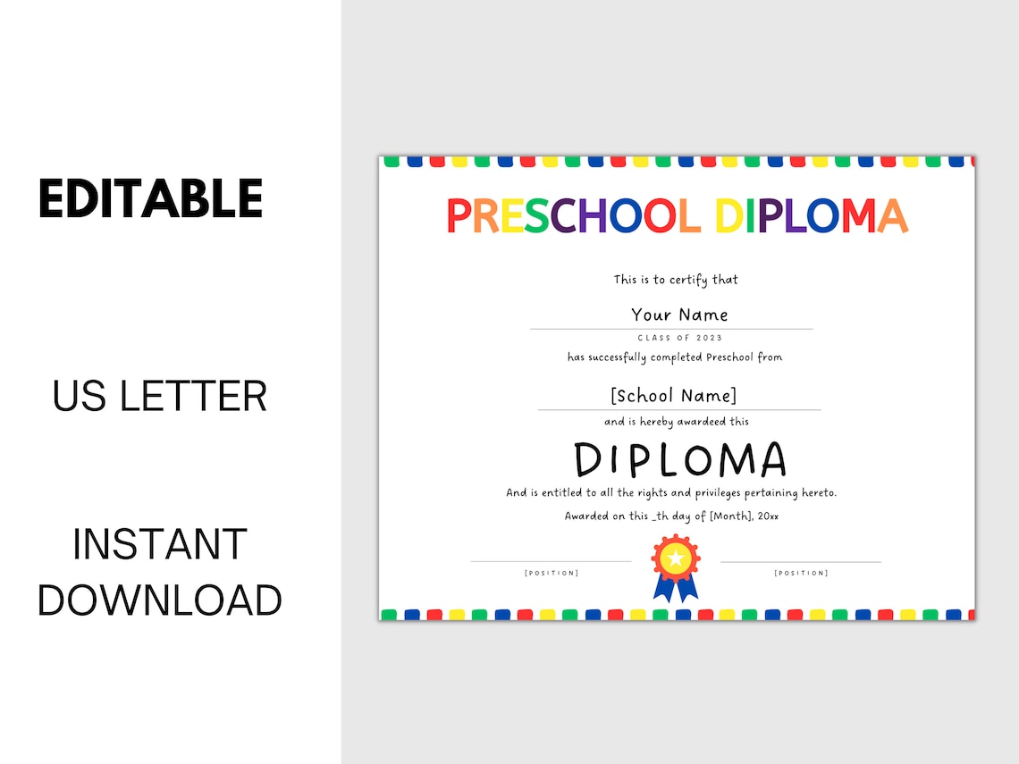 Editable Preschool Diploma Editable Preschool Certificate Graduation ...