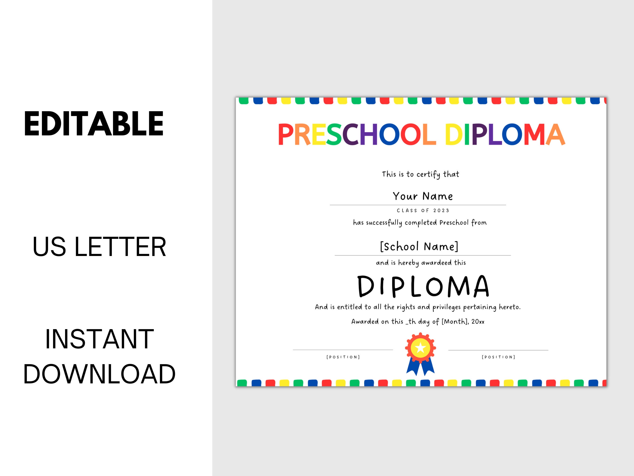 Editable Preschool Diploma Editable Preschool Certificate Graduation ...