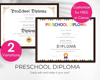 Printable Preschool Graduation Diploma Preschool Certificate Editable ...