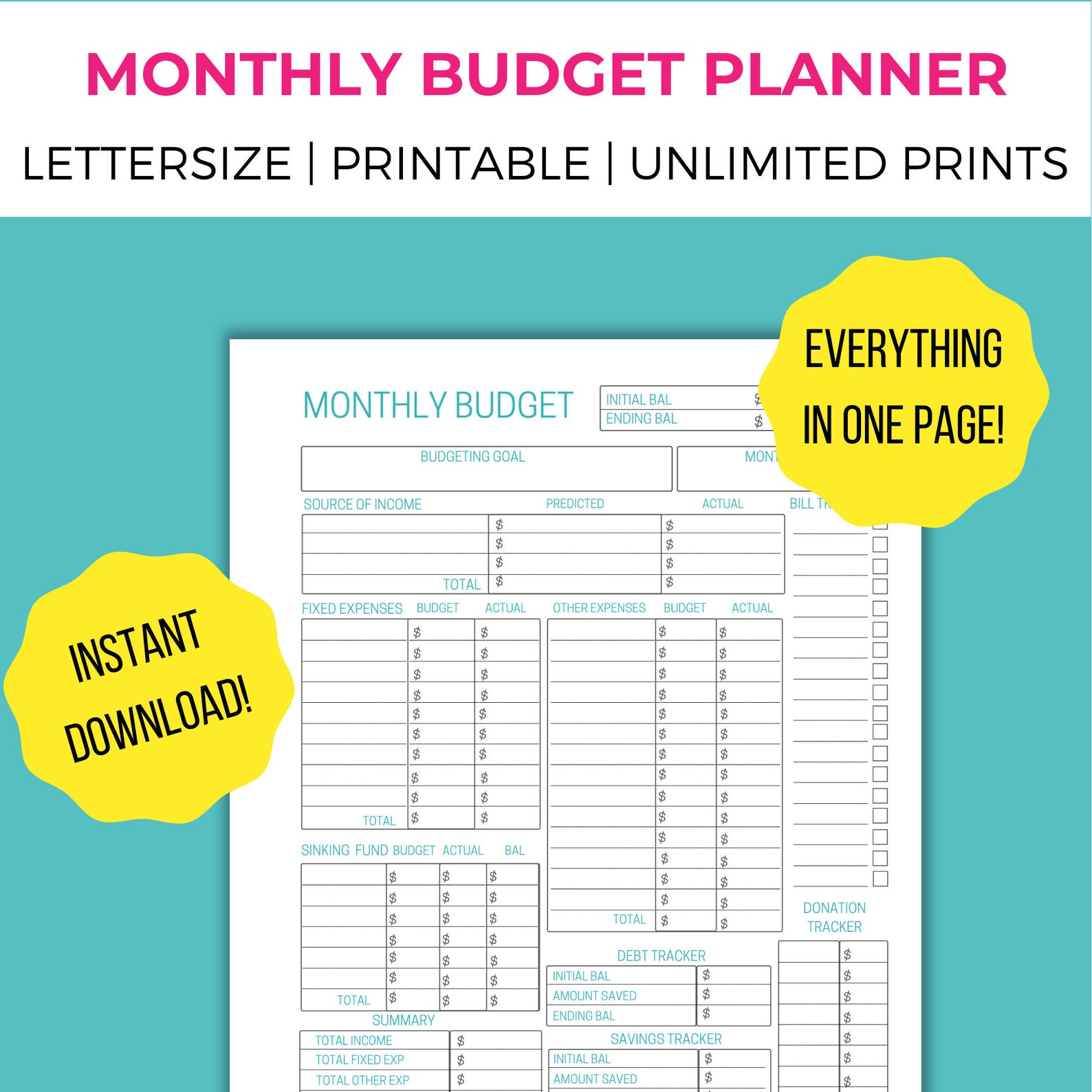 One Page Monthly Budget Printable: Minimalist PDF Template (US Letter ...