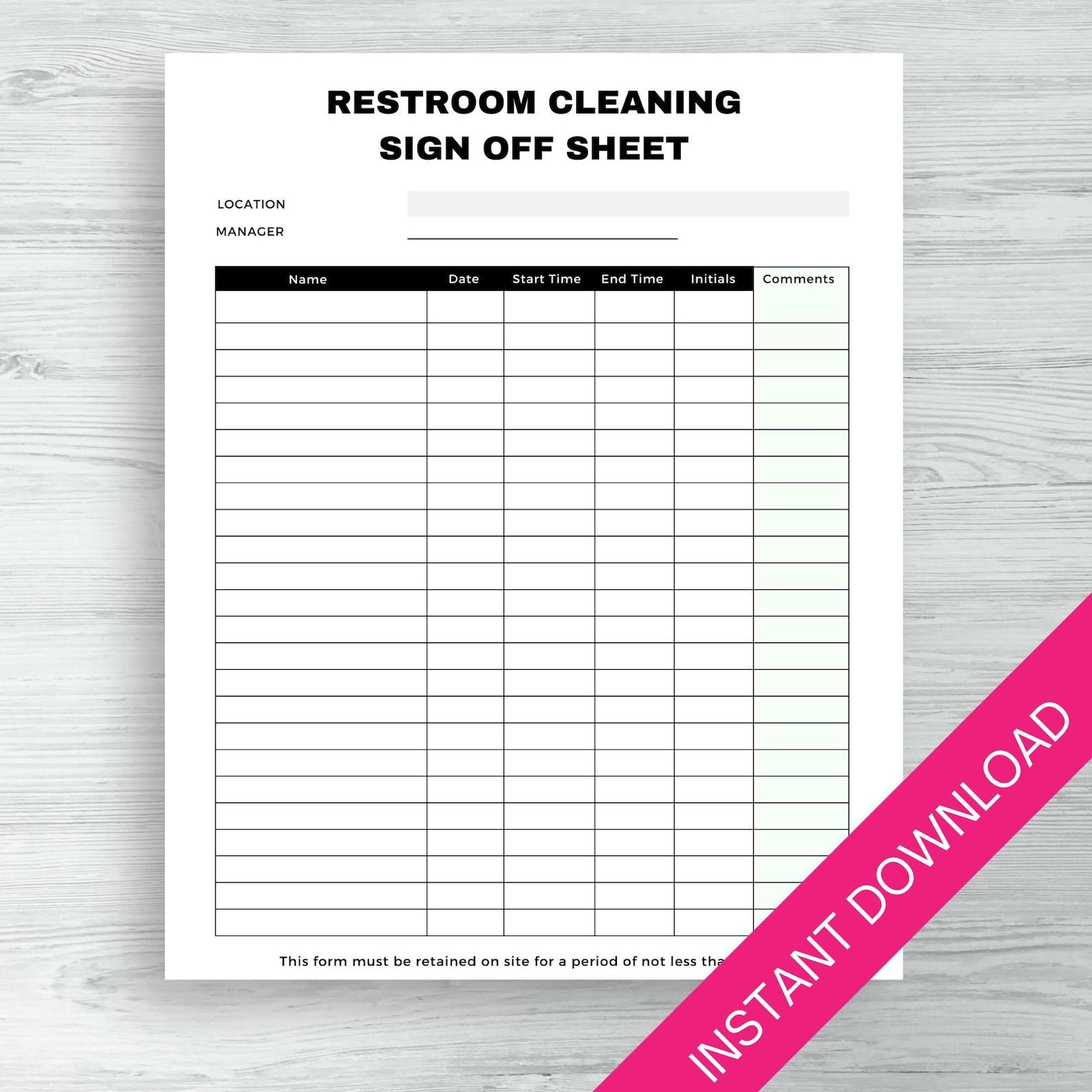 Editable Restroom Cleaning Sign off Sheet | Restroom Checklist ...