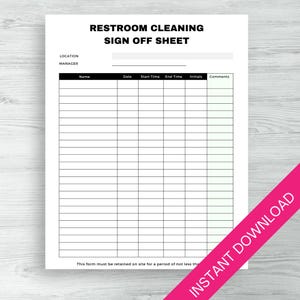 Editable Restroom Cleaning Sign off Sheet: Printable Checklist (digital ...
