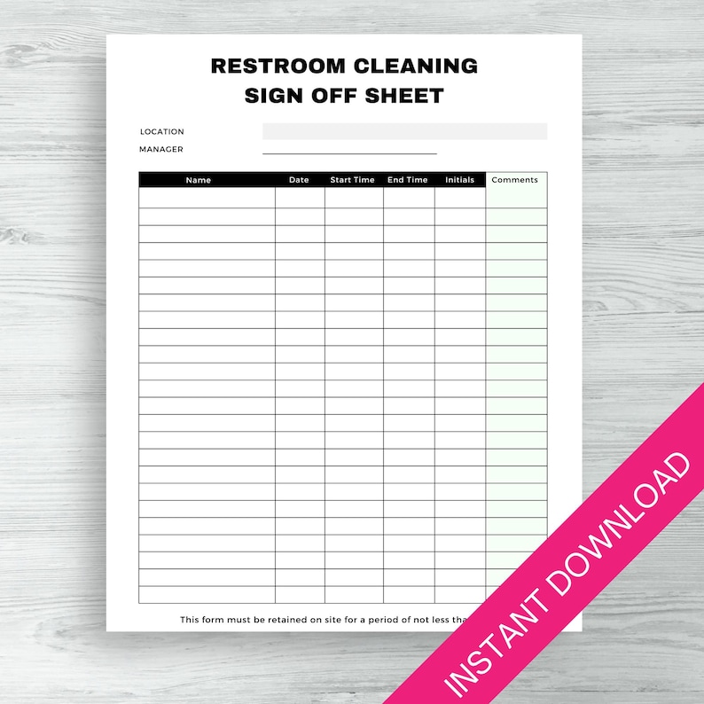 Editable Restroom Cleaning Sign off Sheet | Restroom Checklist ...