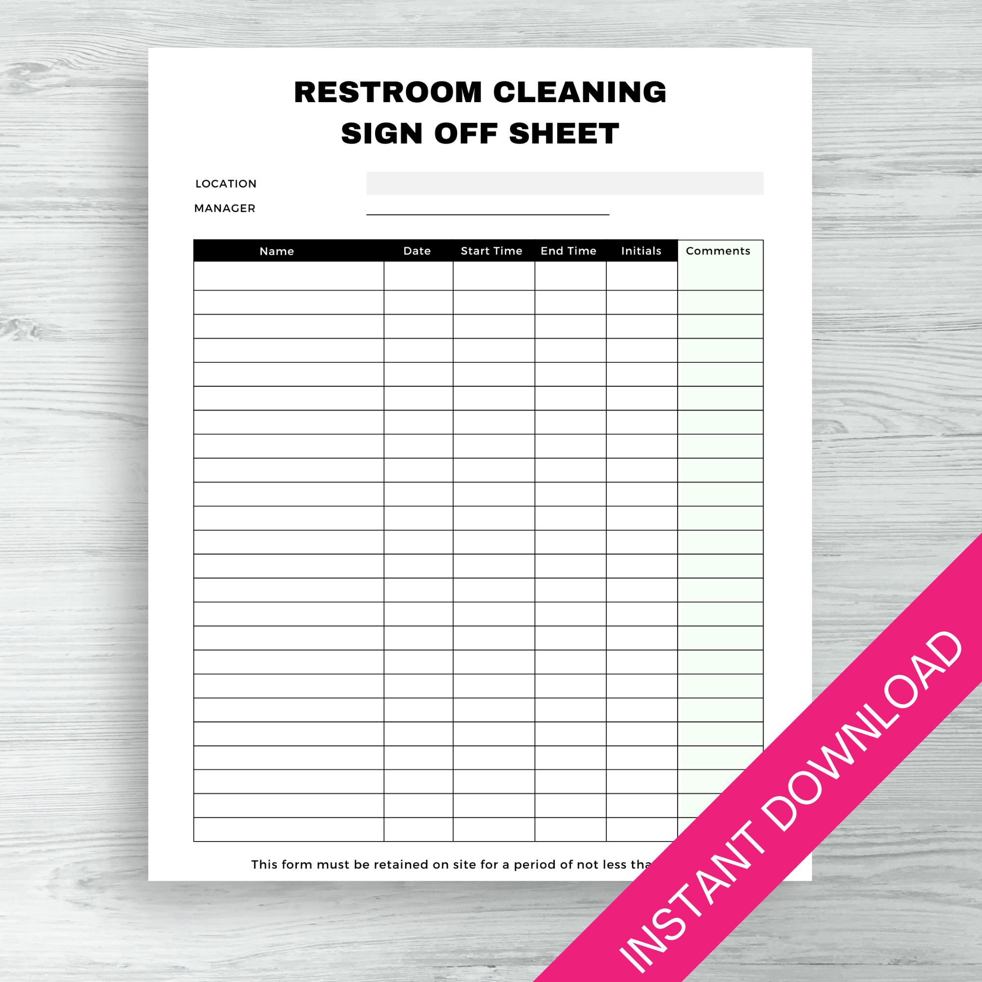 Editable Restroom Cleaning Sign off Sheet | Restroom Checklist ...