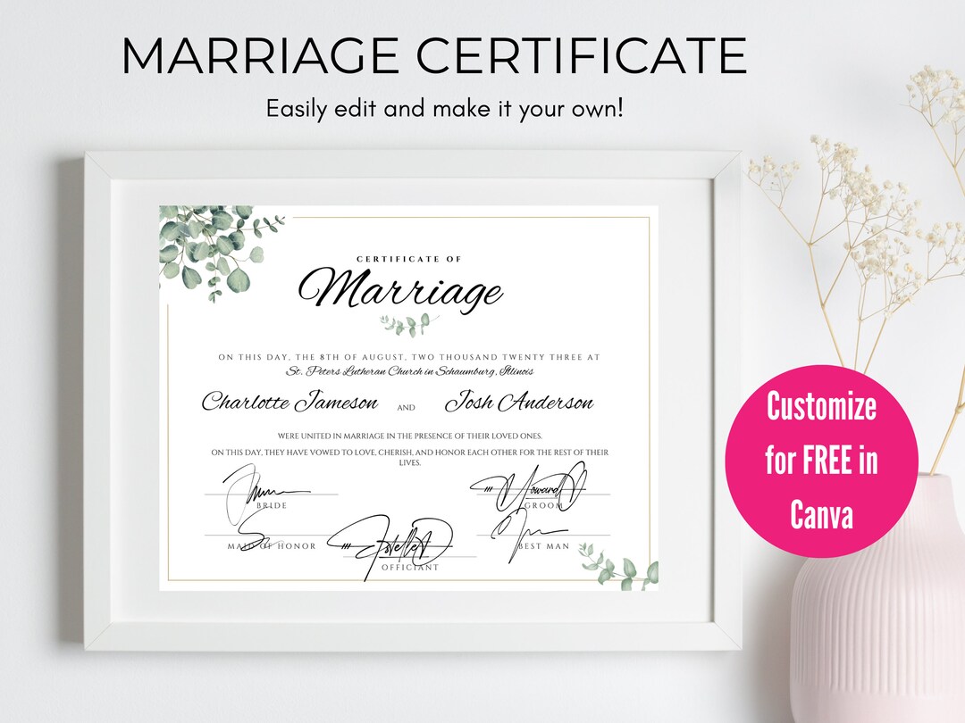 Marriage Certificate, Editable Template, Wedding Certificate, Wedding ...