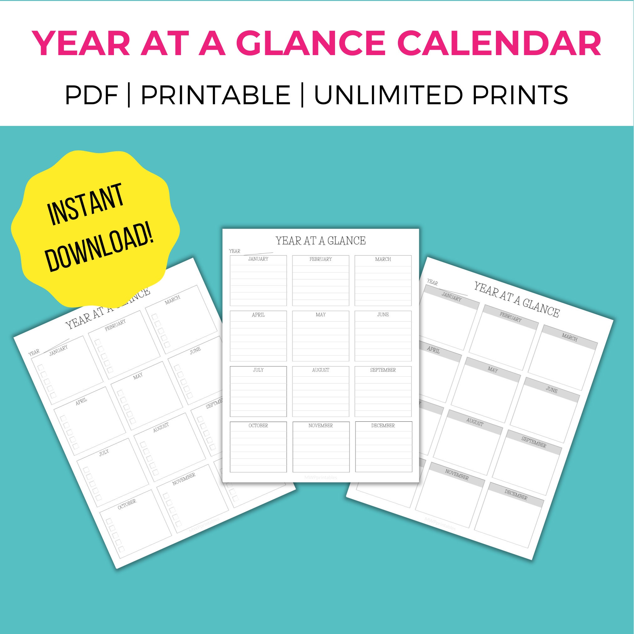 Year at A Glance Calendar Printable, Yearly Review, 12 Month Calendar ...