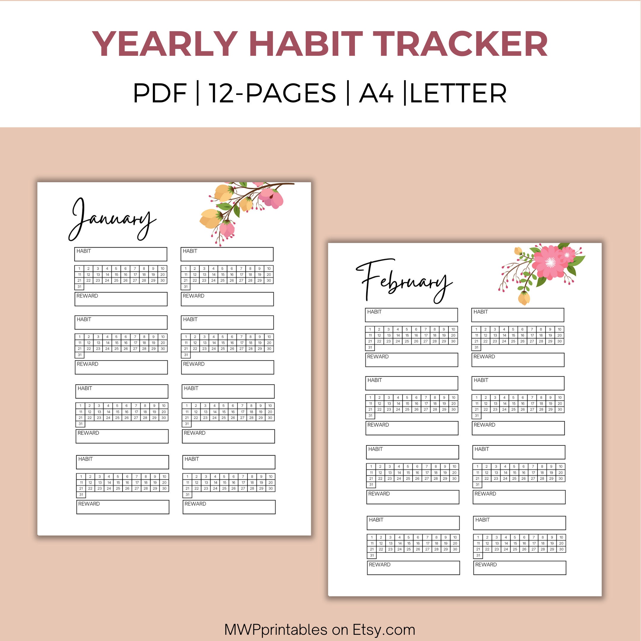 Yearly Habit Tracker: Printable Monthly Routine (PDF) - Etsy