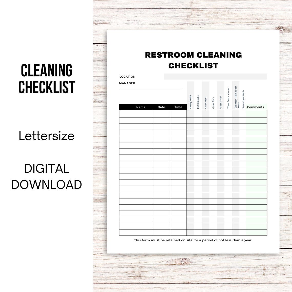 Editable Restroom Checklist | Bathroom Cleaning Log PDF | Toilet ...