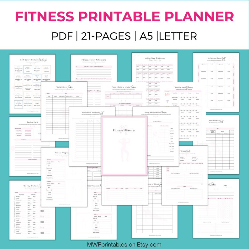 Fitness Printable Planner, A5 Fitness Planner, Diet Planner Printable ...