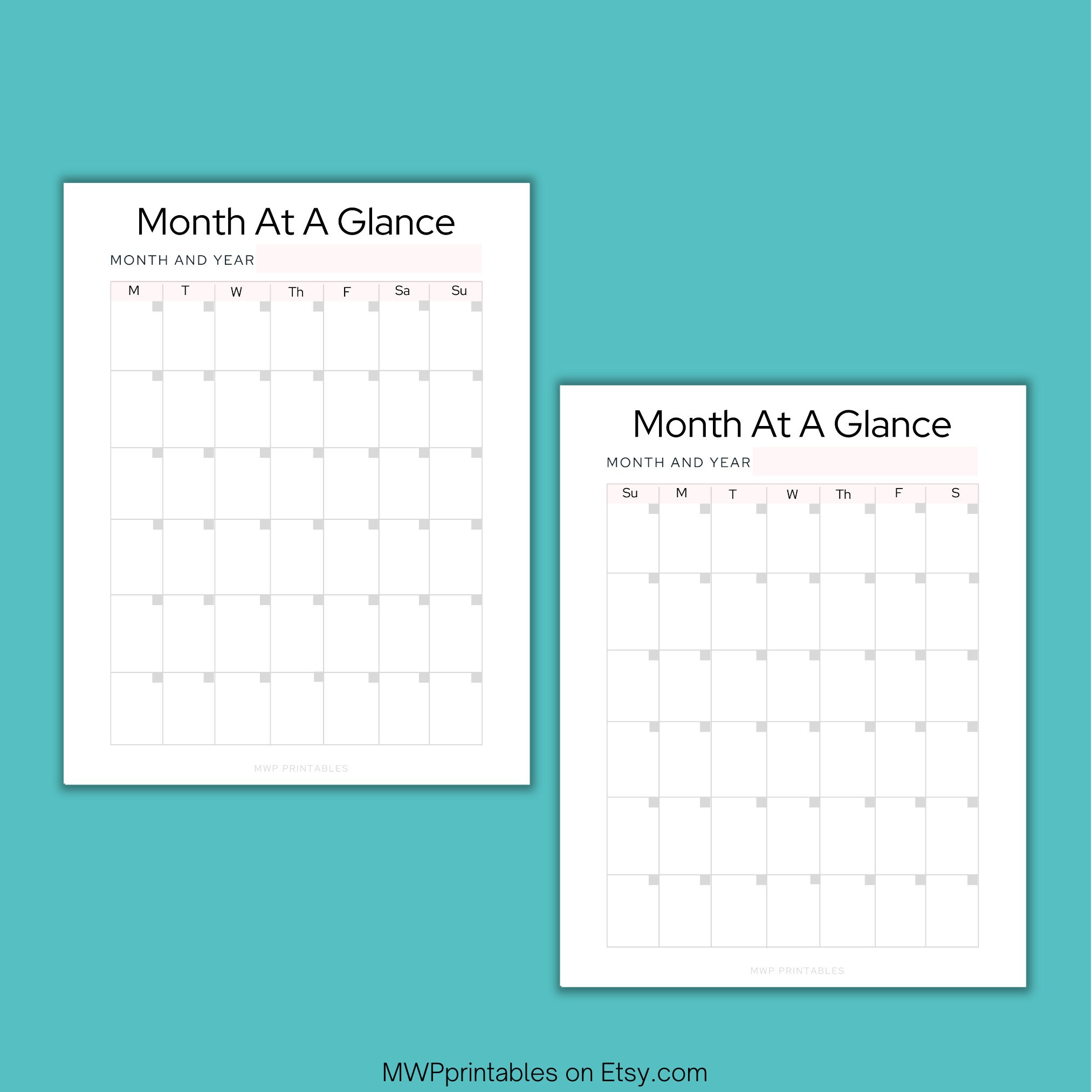 Month at a Glance, Undated Monthly Layout, Sunday Start, Monday Start ...