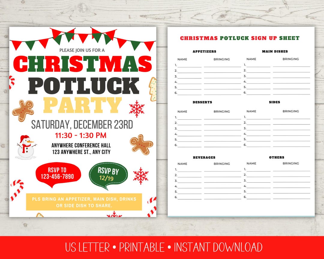 Christmas Potluck Flyer, Holiday Party Flyer, Potluck Sign up Printable ...